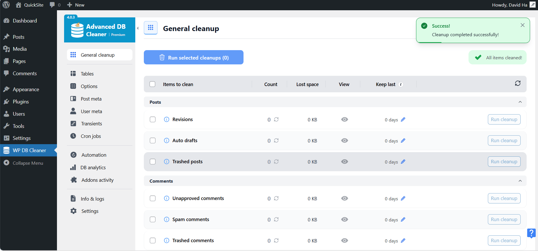 QS • Dọn rác WordPress với Advanced Database Cleaner Premium